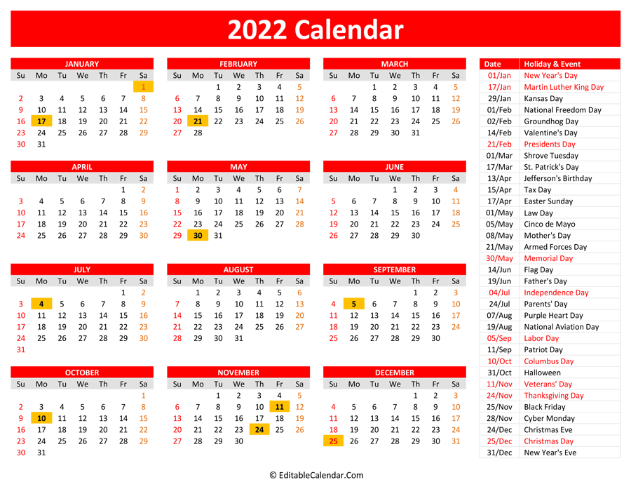 2022 Printable Calendar With Holidays