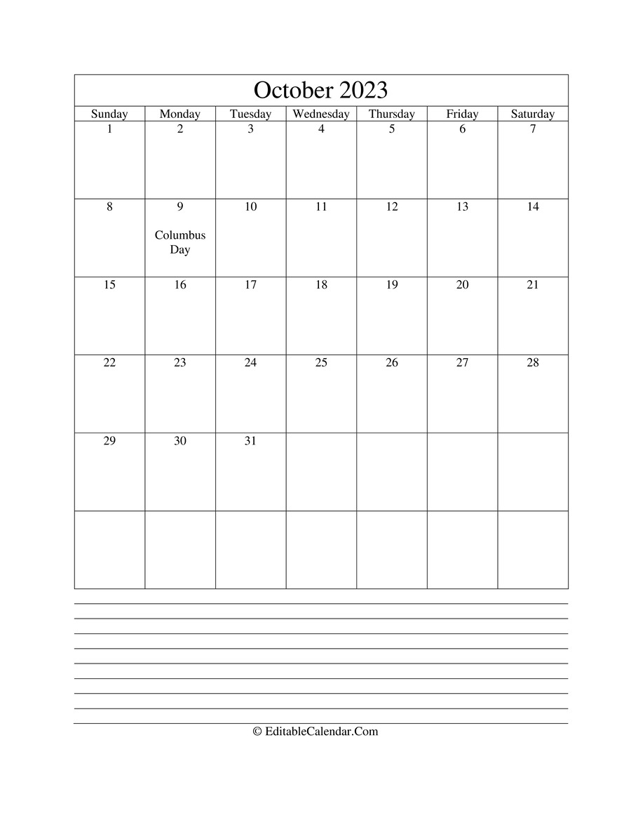 Editable Calendar October 2023