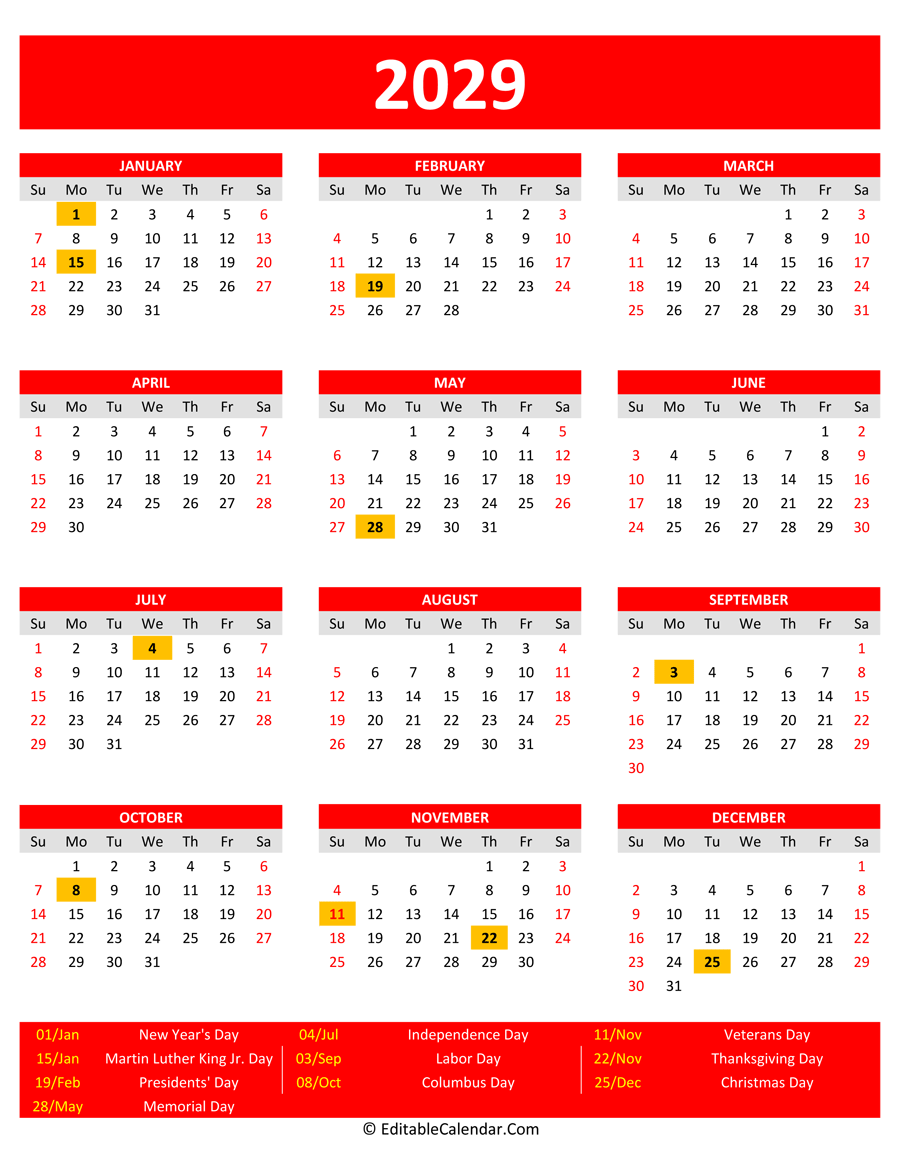 2029 Printable Calendar with Holidays (Portrait Orientation)