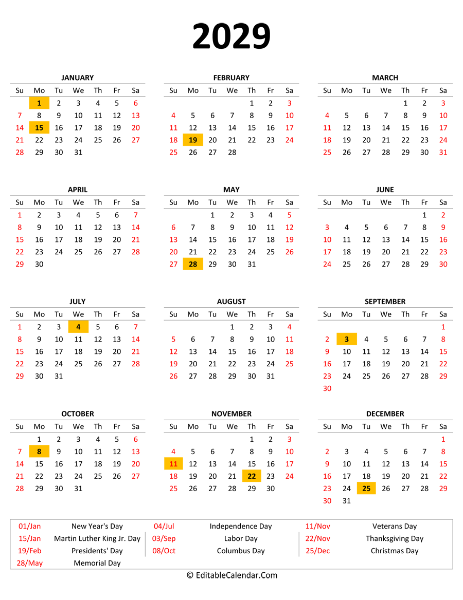 2029 Printable Calendar with Holidays (Portrait Orientation)