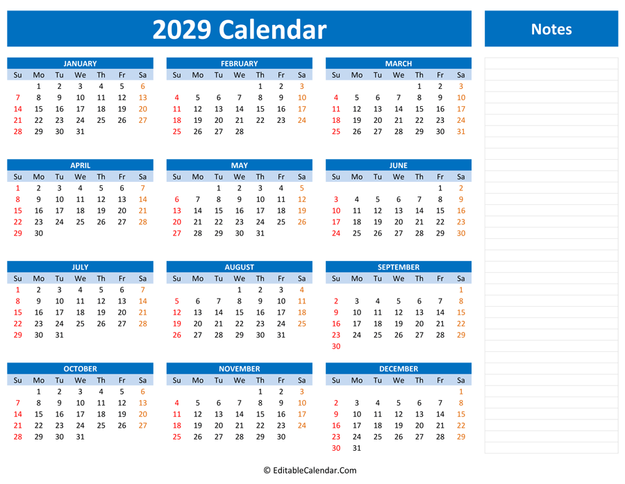 2029 Yearly Calendar with Notes