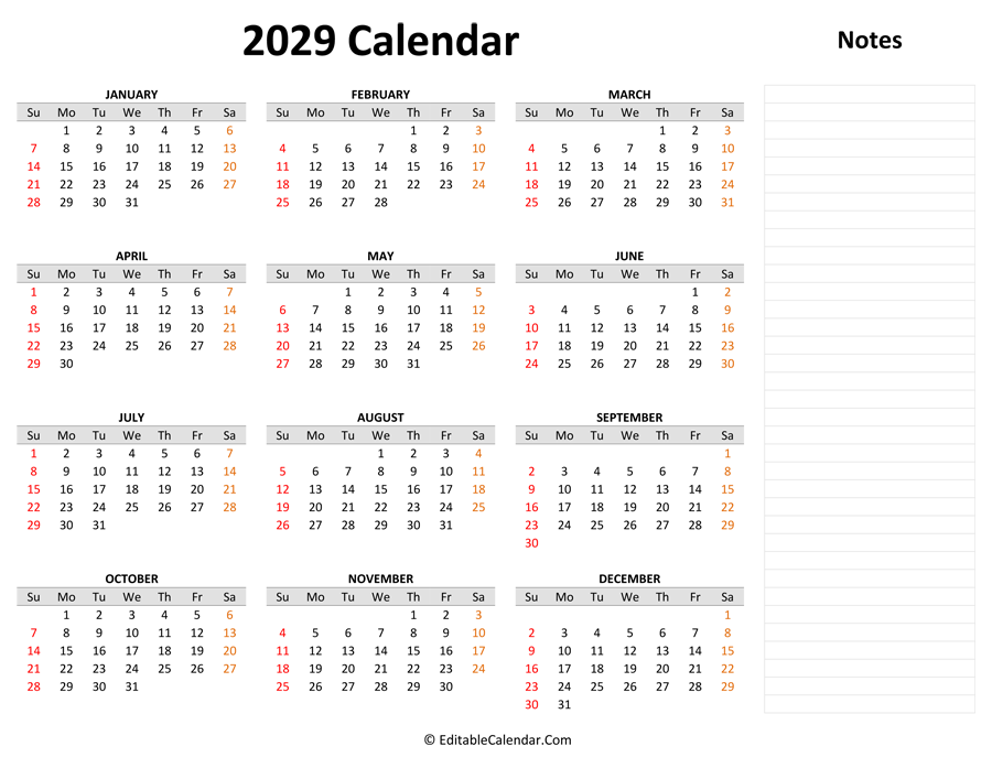 2029 Yearly Calendar with Notes
