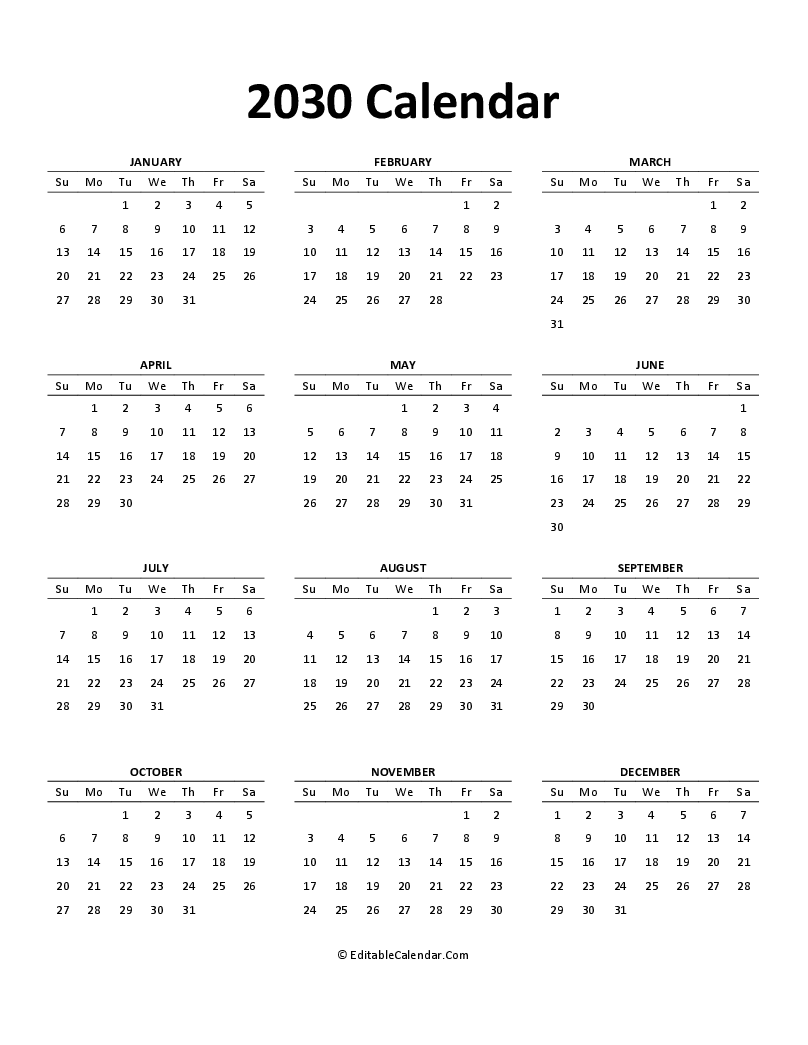Download 2030 Free Printable Calendar Editable Word Version 