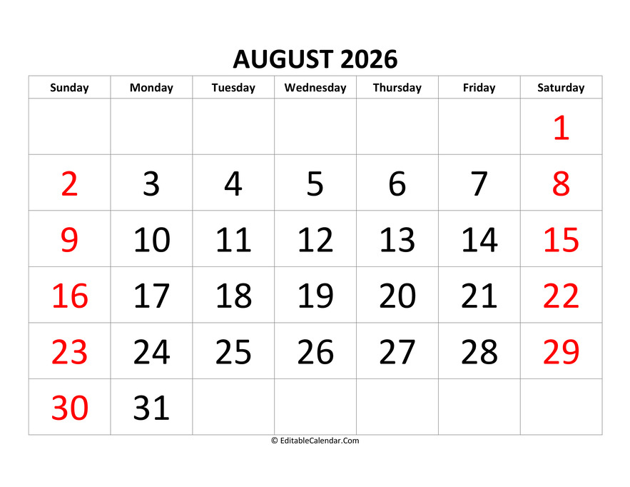 Download August 2026 Calendar Editable (PDF Version)