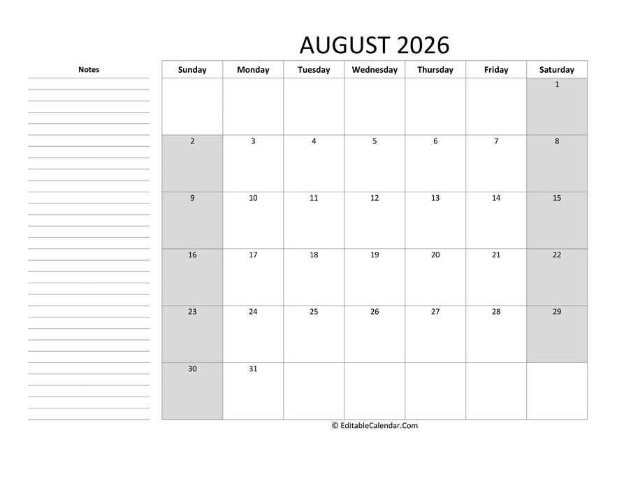 Download Editable August 2026 Calendar With Notes (Word Version)