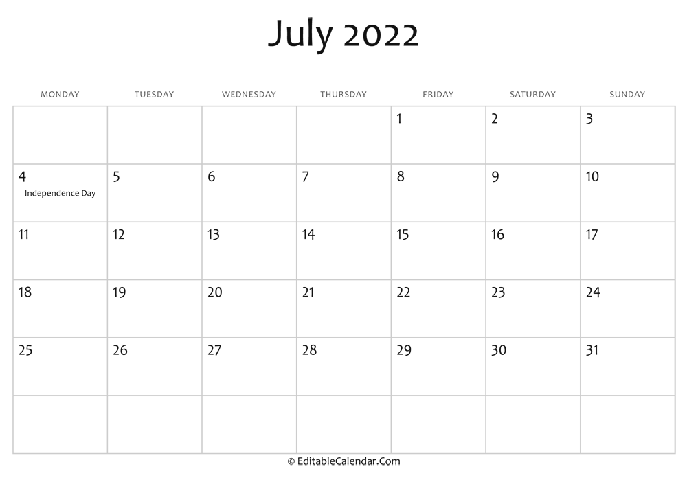 July 2022 Printable Calendar With Holidays