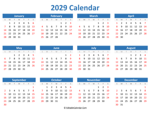 Printable 2029 Calendar (Landscape Orientation)