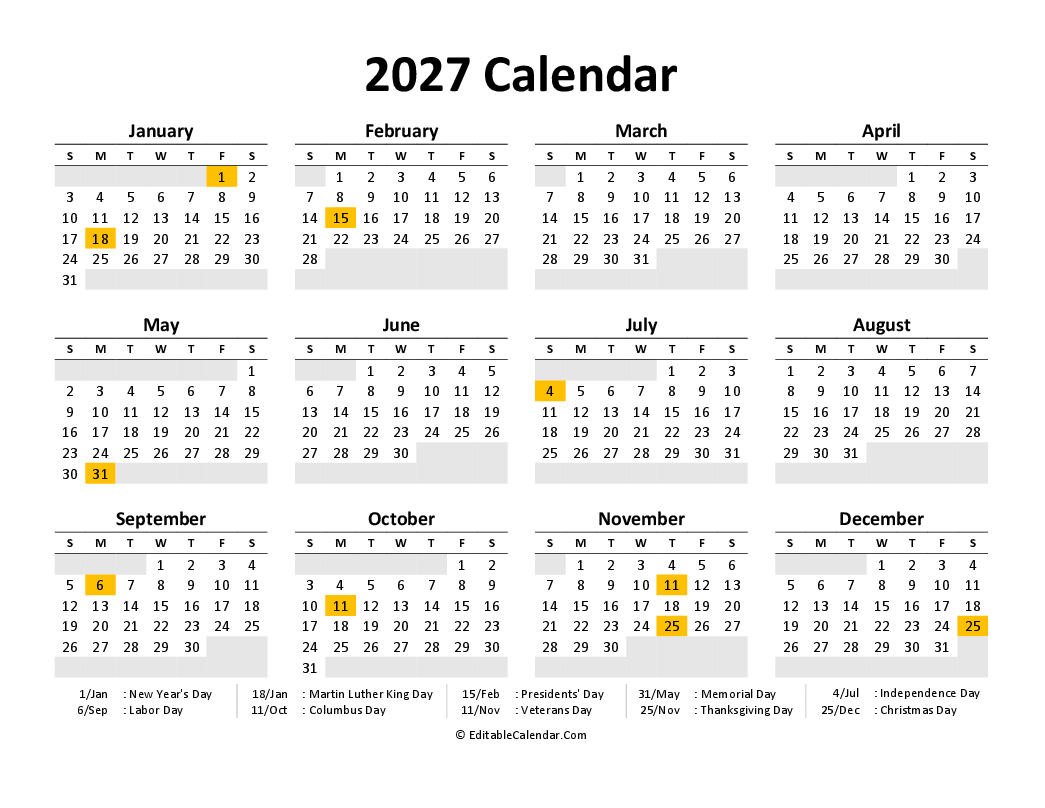2027 Calendar With Holidays Printable King Printables 2027 Calendar With Holidays Printable King Printables