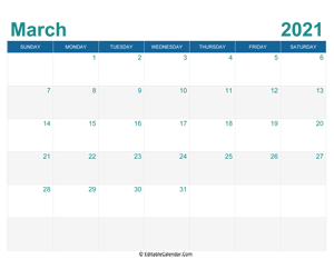 March 2021 Editable Calendar with Holidays